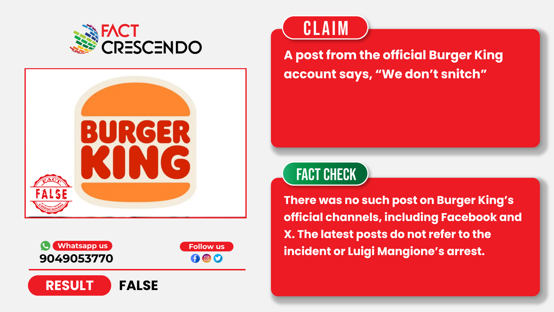 Did Burger King post “We don’t snitch” after Mangione’s arrest? - Fact Crescendo