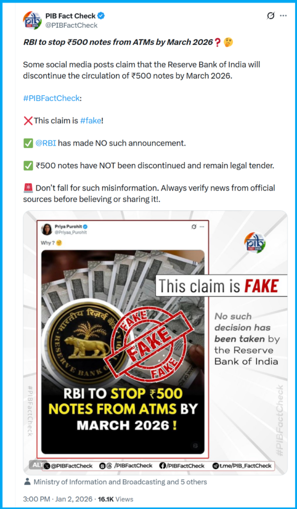 RBI is not stopping ₹500 notes from ATMs by March 2026 - Fact Crescendo